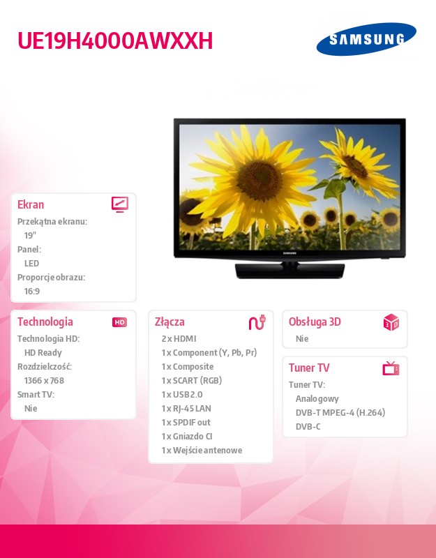 ᐅ Samsung 19'' TV Slim LED HD UE19H4000AWXXH - Ceny, opinie, dane ...