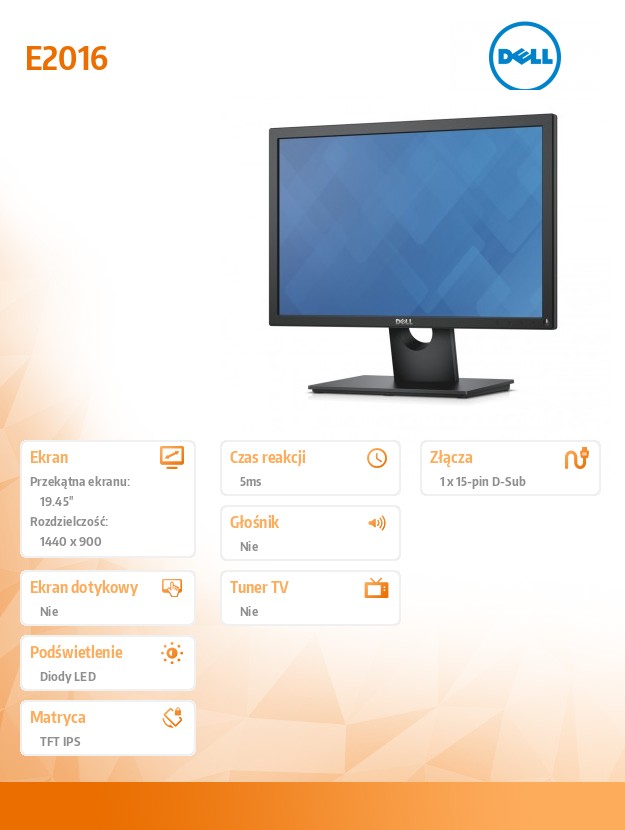 ᐅ Dell E2016 19,5'' LED 16:10/1440x900/VGA/3Y PPG - Ceny, opinie, dane ...